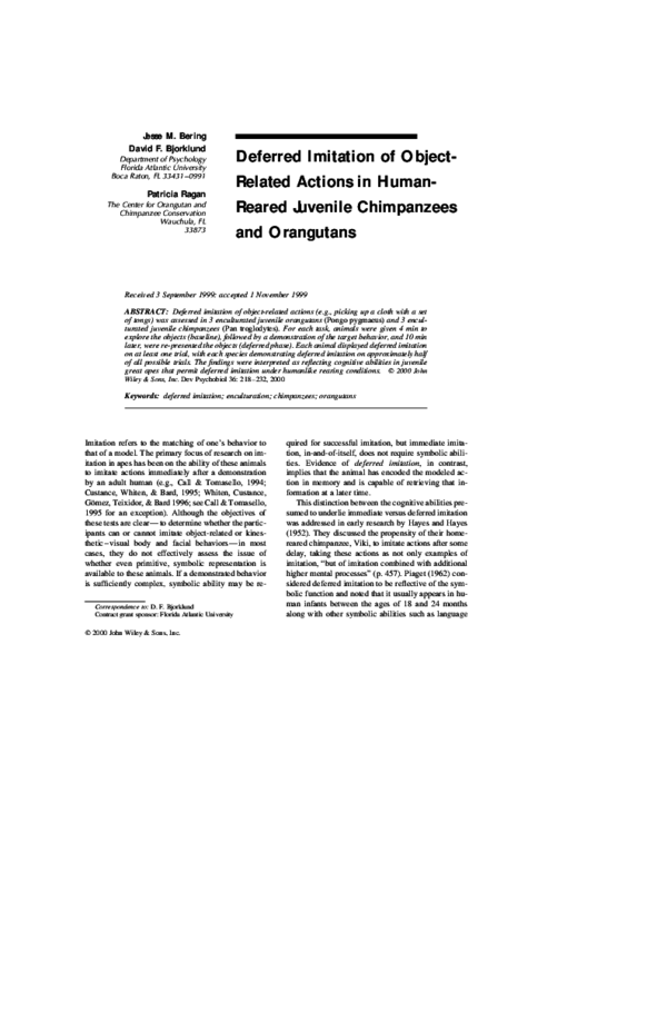 (PDF) Deferred imitation of object-related actions in human-reared ...