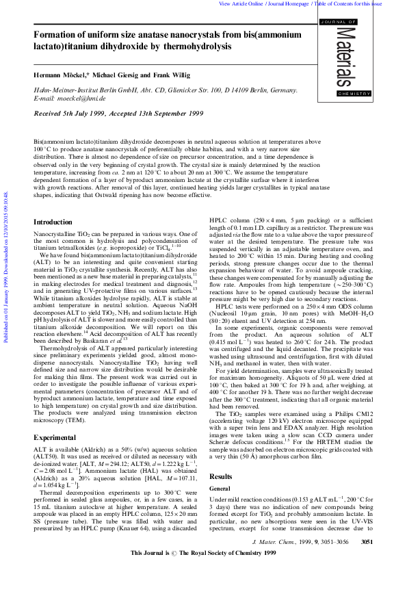 Pdf Formation Of Uniform Size Anatase Nanocrystals From Bis Ammonium