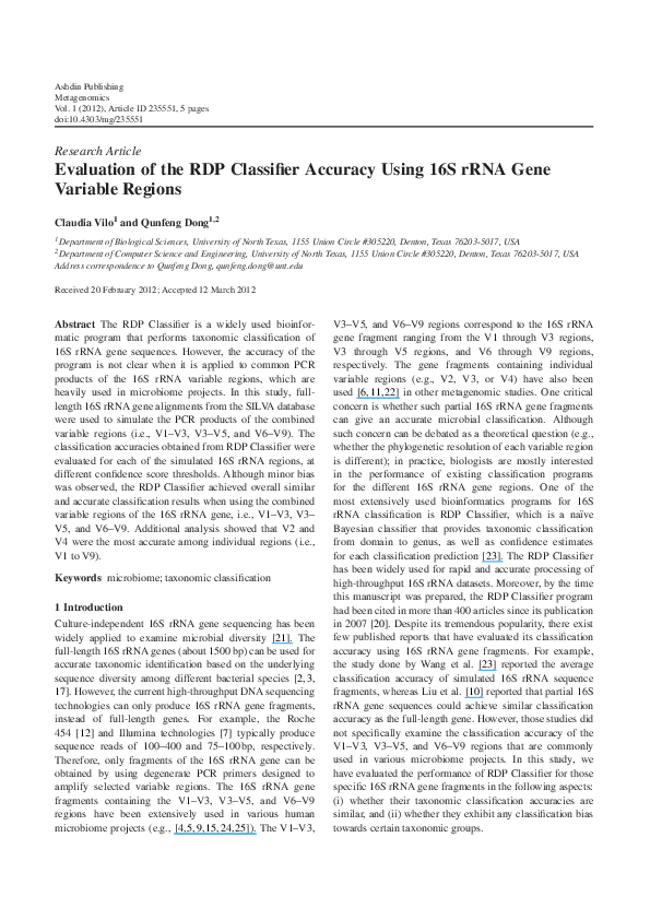 (PDF) Evaluation of the RDP Classifier Accuracy Using 16S rRNA Gene ...