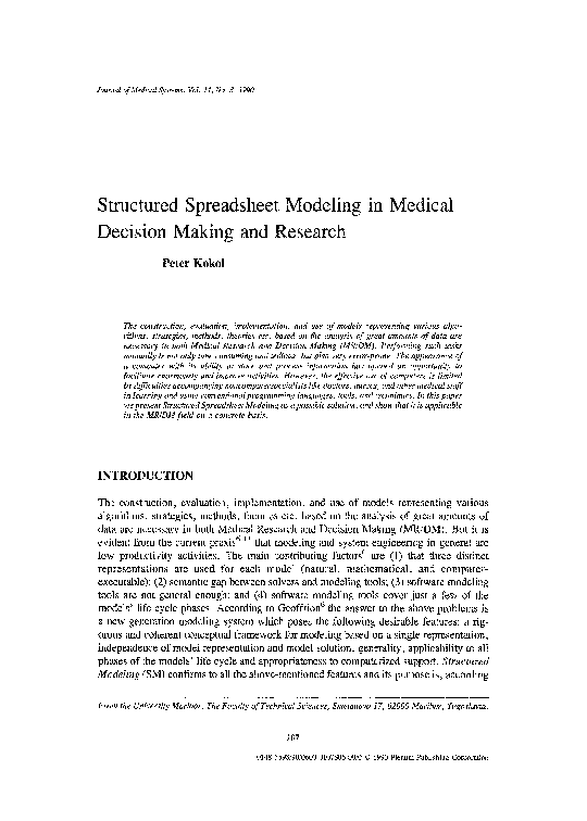 (PDF) Structured spreadsheet modeling in medical decision making and research