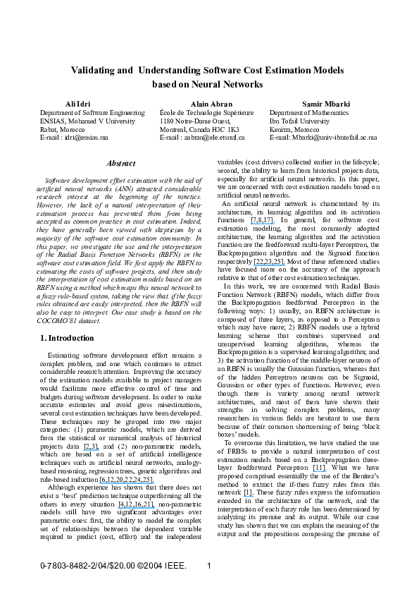 Pdf Validating And Understanding Software Cost Estimation Models Based On Neural Networks 