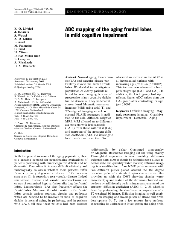 (PDF) ADC mapping of the aging frontal lobes in mild cognitive impairment