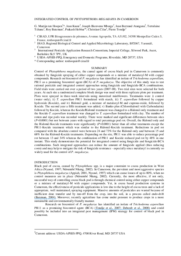 (PDF) INTEGRATED CONTROL OF PHYTOPHTHORA MEGAKARYA IN CAMEROON (PDF) INTEGRATED CONTROL OF PHYTOPHTHORA MEGAKARYA IN CAMEROON