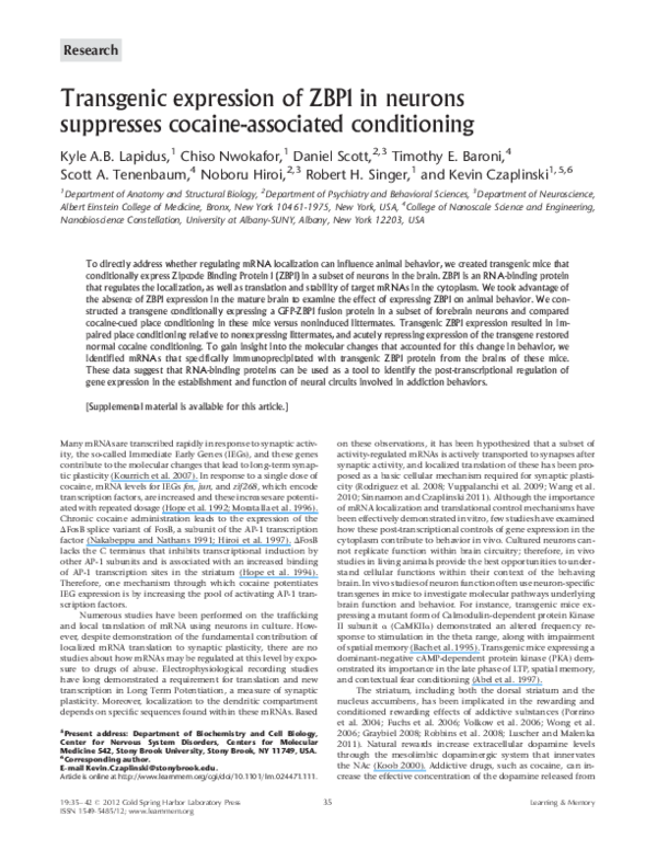 (PDF) ZBP1 in Neurons Alters Cocaine Conditioning
