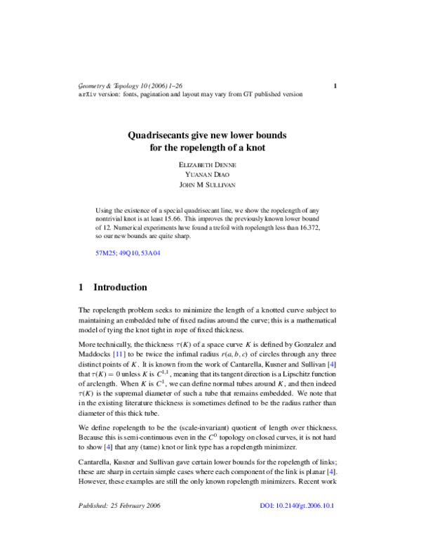 (PDF) Quadrisecants give new lower bounds for the ropelength of a knot