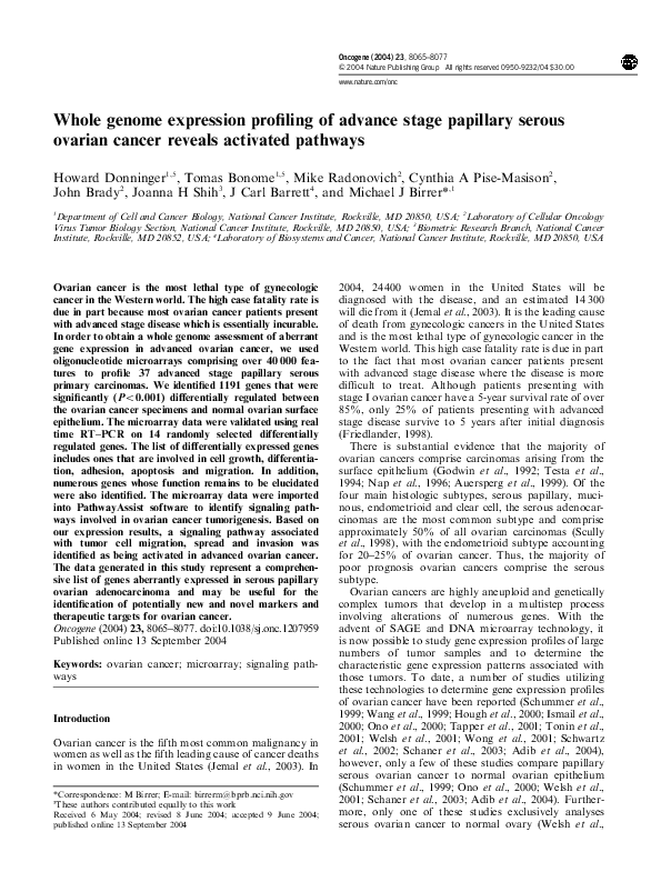 (PDF) Whole genome expression profiling of advance stage papillary serous ovarian cancer reveals ...