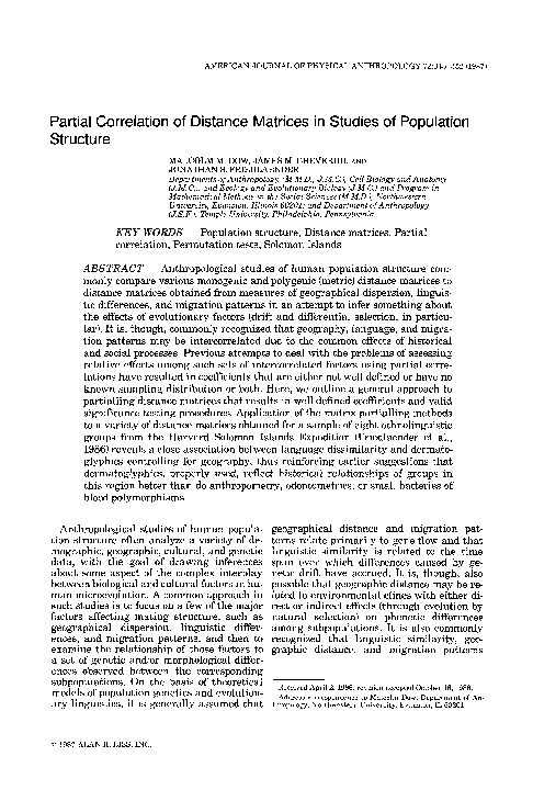 (PDF) Partial correlation of distance matrices in studies of population ...