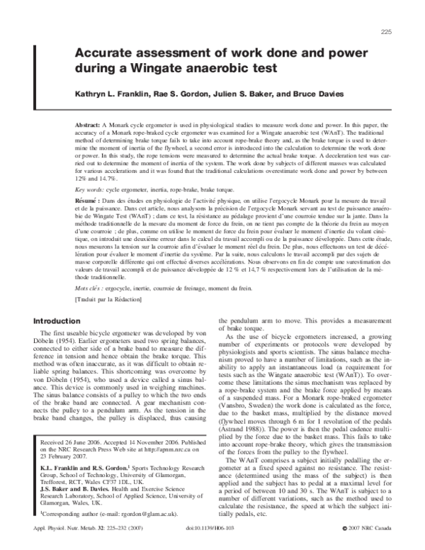 (PDF) Accurate assessment of work done and power during a Wingate ...