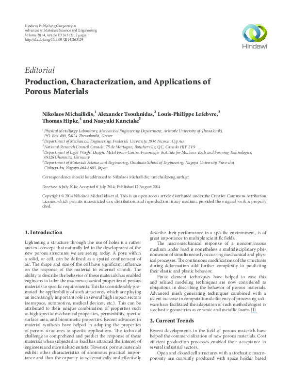 (PDF) Production, Characterization, and Applications of Porous Materials