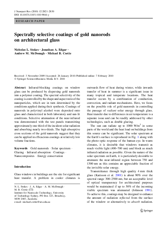 (PDF) Spectrally selective coatings of gold nanorods on architectural glass