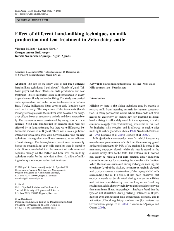 (PDF) Effect of different hand-milking techniques on milk production ...