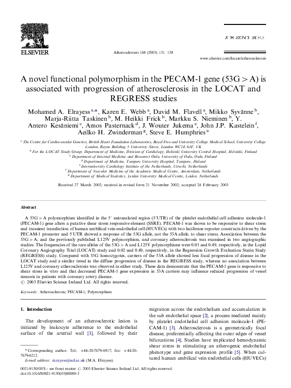 (PDF) A novel functional polymorphism in the PECAM-1 gene (53G>A) is ...