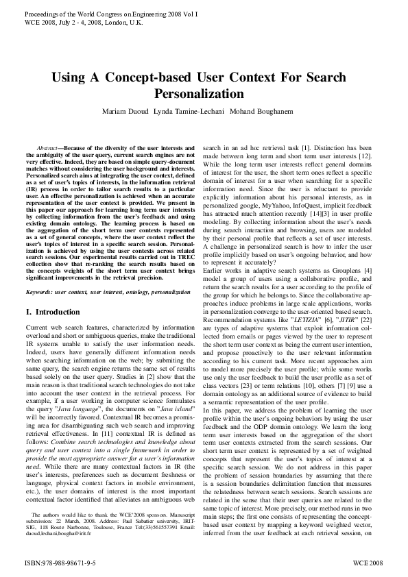 (PDF) Using a concept-based user context for search personalization