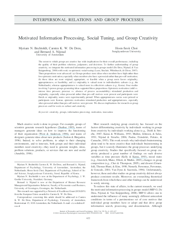 (PDF) Motivated information processing, social tuning, and group creativity