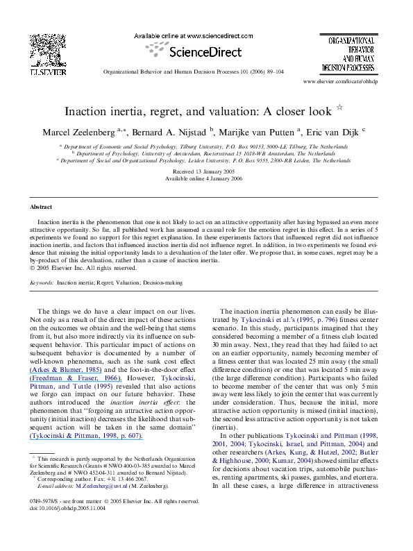 (PDF) Inaction inertia, regret, and valuation: A closer look