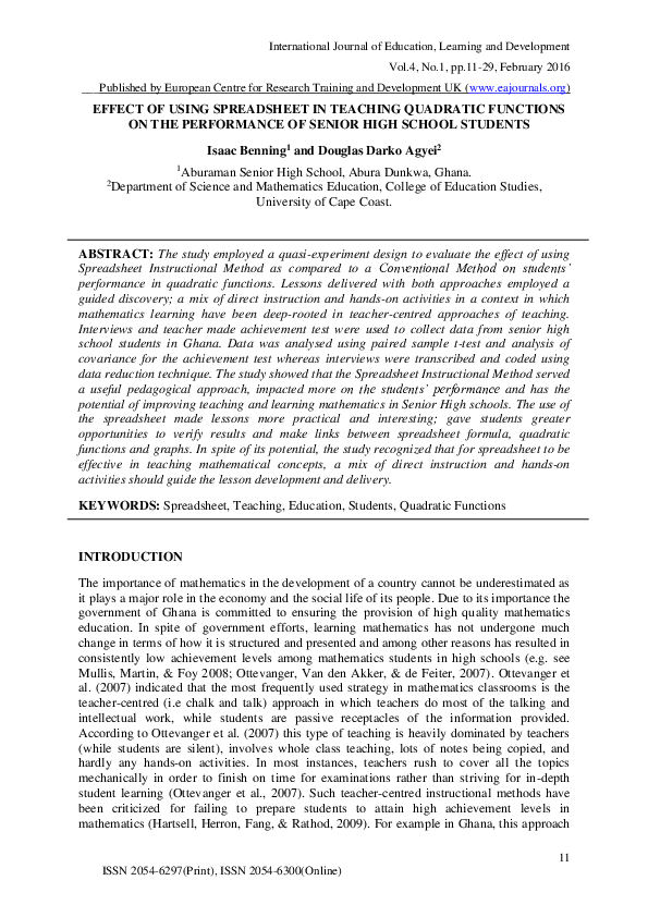 (PDF) Effect of Using Spreadsheet in Teaching Quadratic Functions on the Performance of Senior ...
