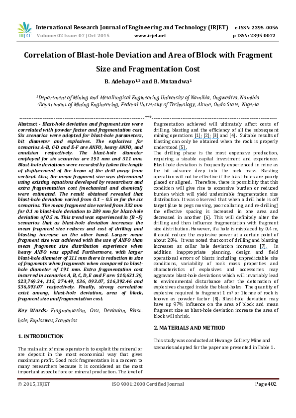 Pdf Correlation Of Blast Hole Deviation And Area Of Block With Fragment Size And Fragmentation