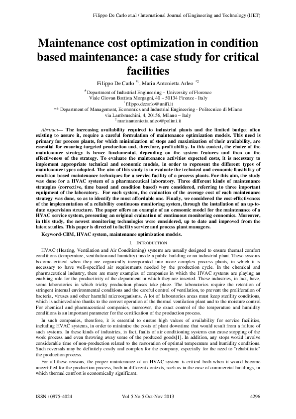 (PDF) Maintenance cost optimization in condition based maintenance: a ...