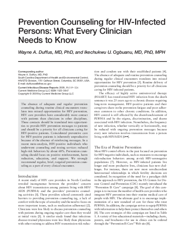 (PDF) Prevention counseling for HIV-infected persons: what every ...