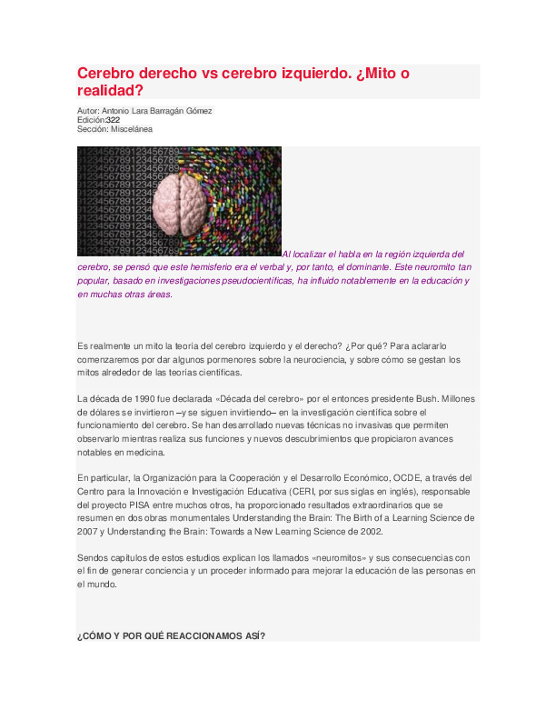 Pdf Cerebro Derecho Vs Cerebro Izquierdo ¿mito O Realidad