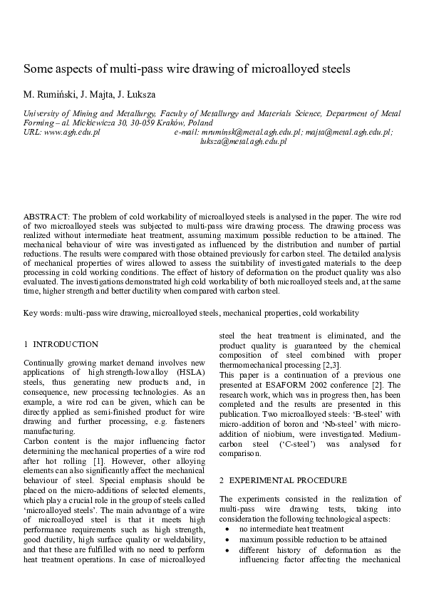 (PDF) Some aspects of multi-pass wire drawing of microalloyed steels