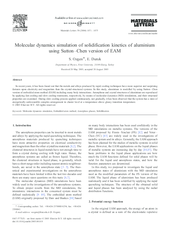Pdf Molecular Dynamics Simulation Of Solidification Kinetics Of Aluminium Using Sutton Chen