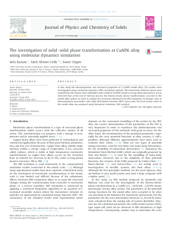 (PDF) The investigation of solid–solid phase transformation at CuAlNi alloy using molecular ...