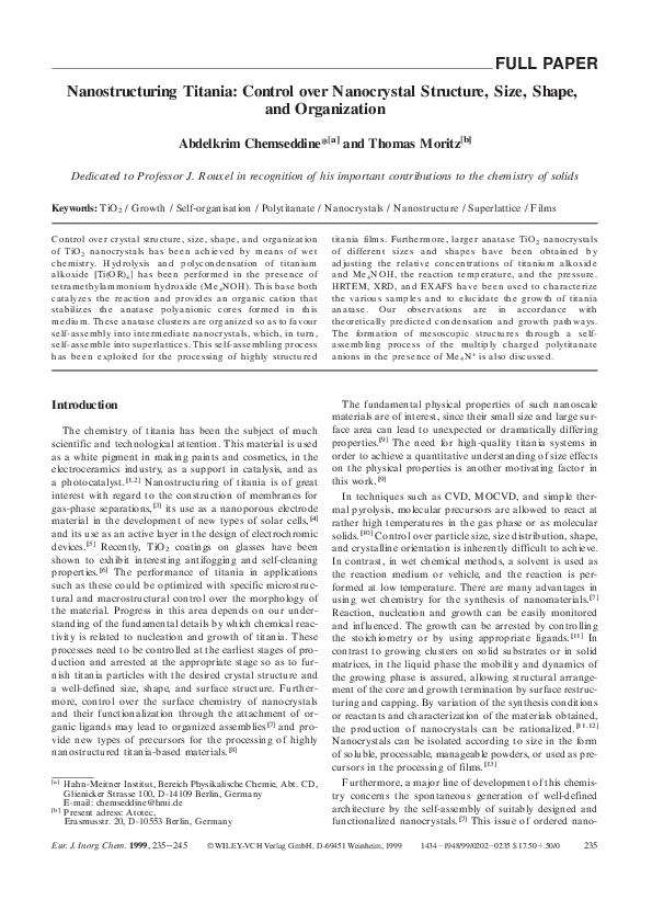 (PDF) ChemInform Abstract: Nanostructuring Titania: Control over Nanocrystal Structure, Size ...