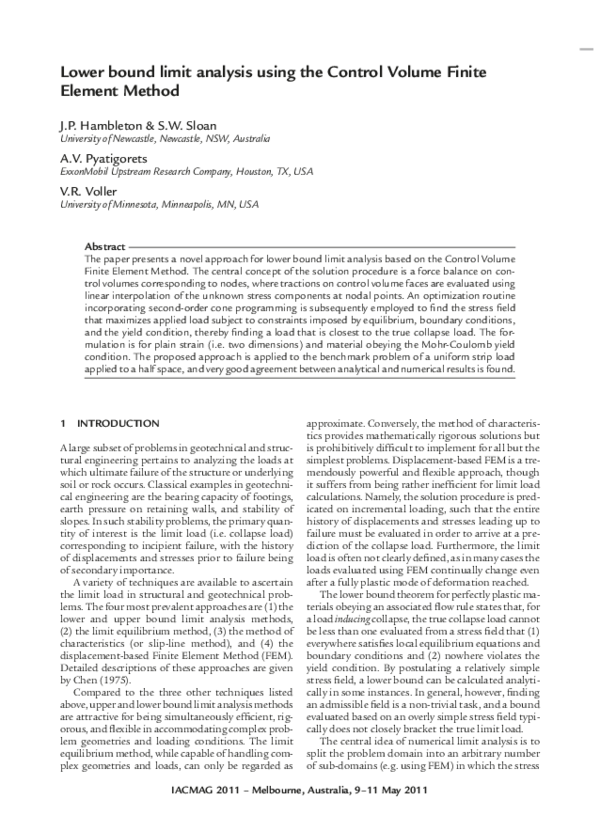 Pdf Lower Bound Limit Analysis Using The Control Volume Finite Element Method Nova The
