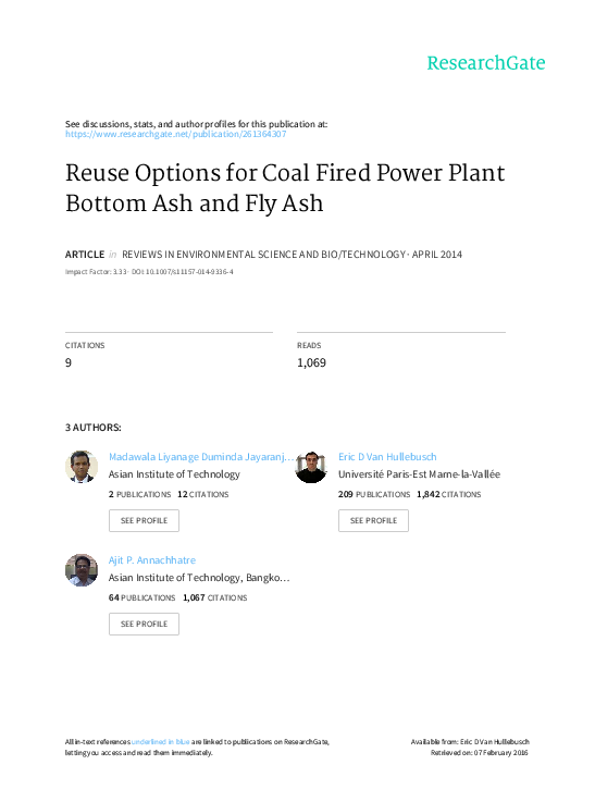 (PDF) Reuse options for coal fired power plant bottom ash and fly ash
