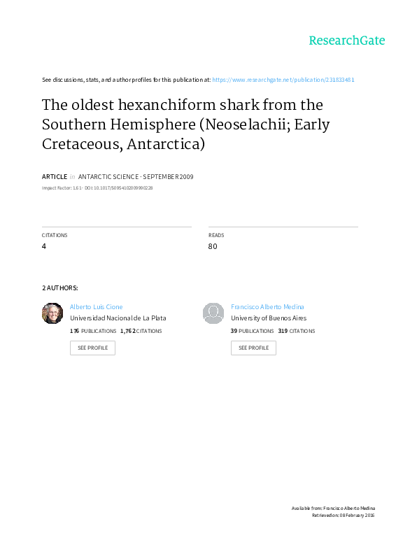 (PDF) The oldest hexanchiform shark from the Southern Hemisphere ...