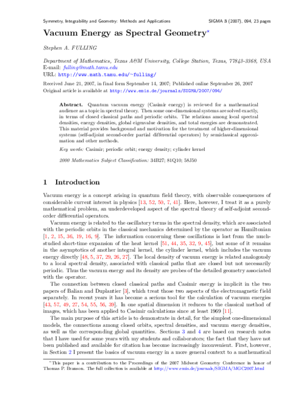(PDF) Vacuum Energy as Spectral Geometry