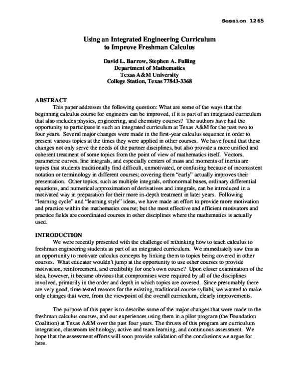 (PDF) Using an Integrated Engineering Curriculum to Improve Freshman ...