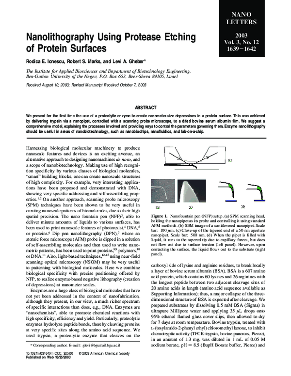 (PDF) Nanolithography Using Protease Etching of Protein Surfaces