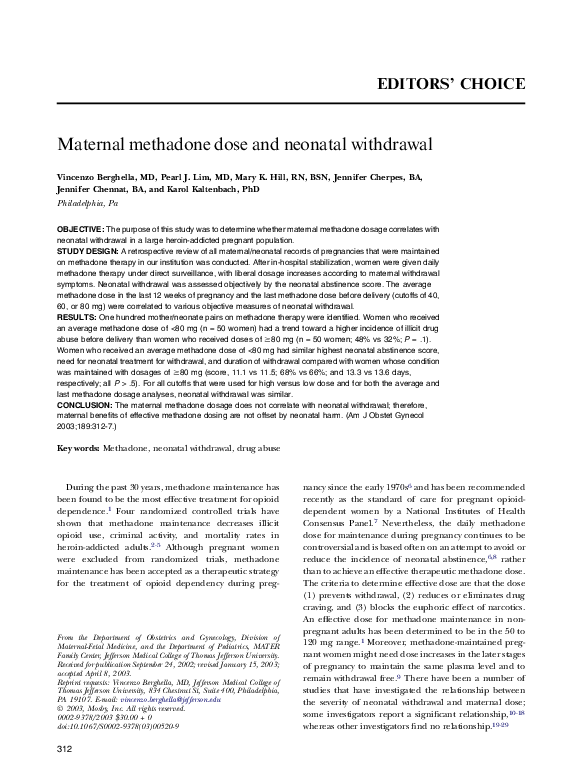 (PDF) Maternal methadone dose and neonatal withdrawal