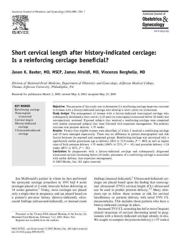 (PDF) Short cervical length after history-indicated cerclage: Is a ...