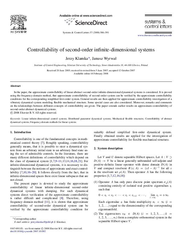 Pdf Controllability Of Second Order Infinite Dimensional Systems