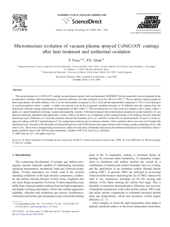 (PDF) Microstructure evolution of vacuum plasma sprayed CoNiCrAlY ...