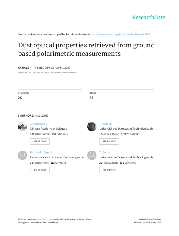 (PDF) Dust optical properties retrieved from ground-based polarimetric ...