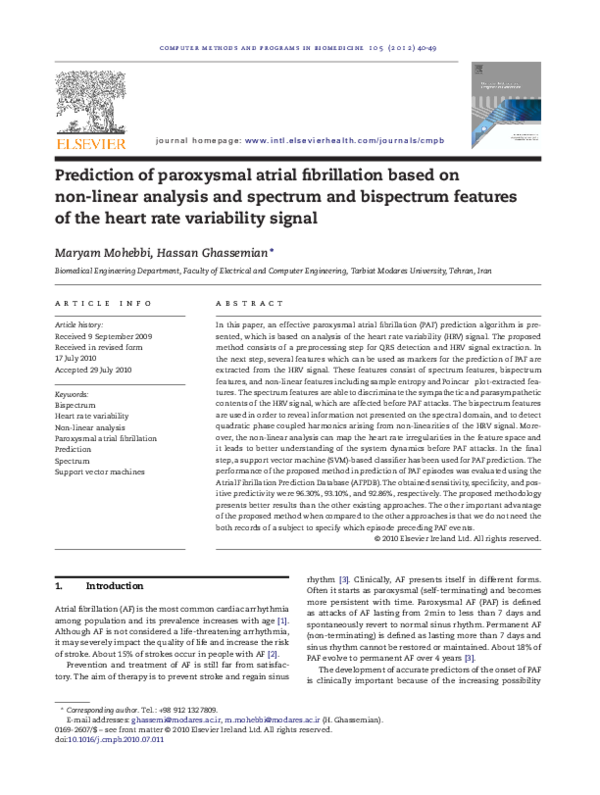 (PDF) Prediction of Paroxysmal Atrial Fibrillation Using Nonlinear Analysis of the R-R Interval ...