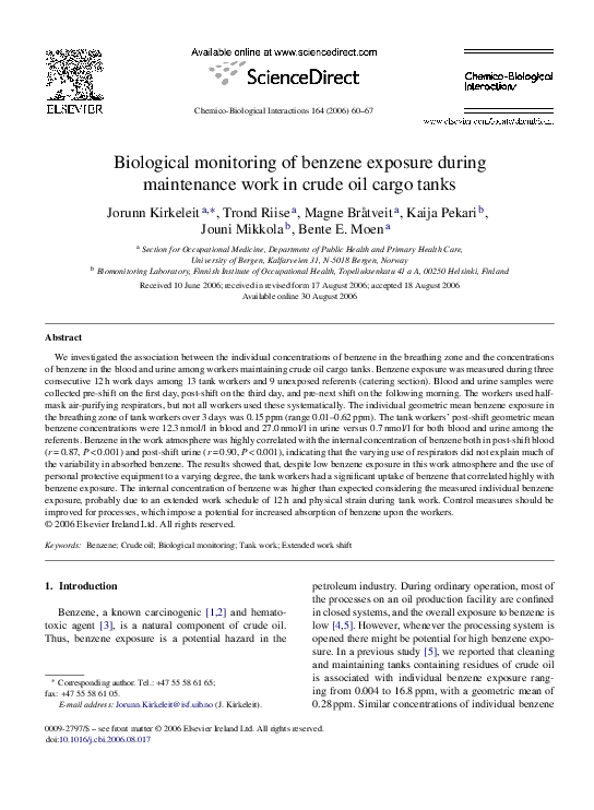 (PDF) Biological monitoring of benzene exposure during maintenance work ...