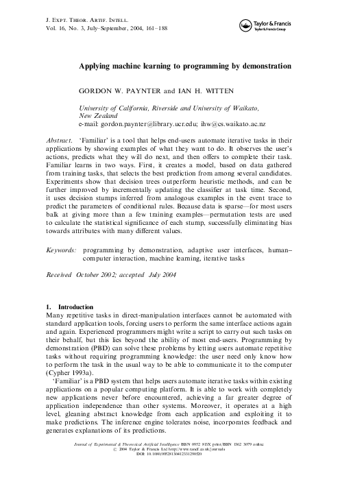 (PDF) Applying machine learning to programming by demonstration