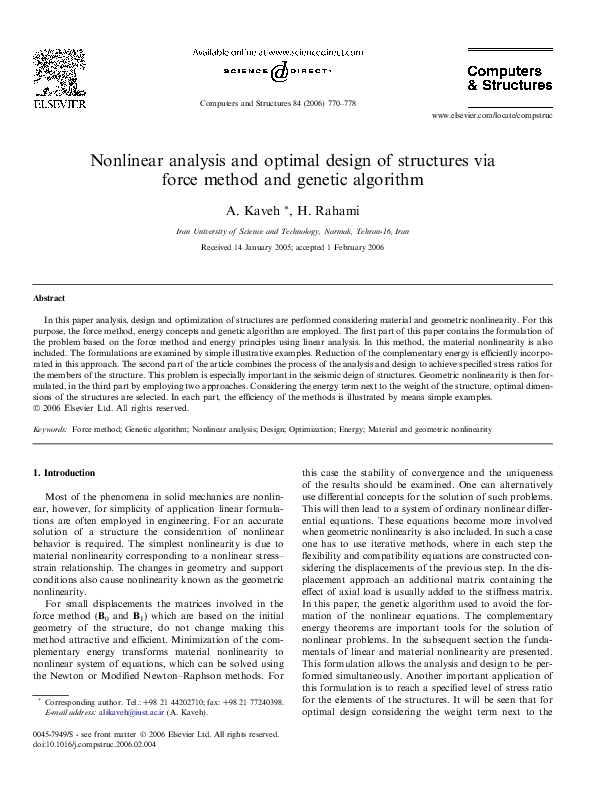 (PDF) Nonlinear analysis and optimal design of structures via force method and genetic algorithm