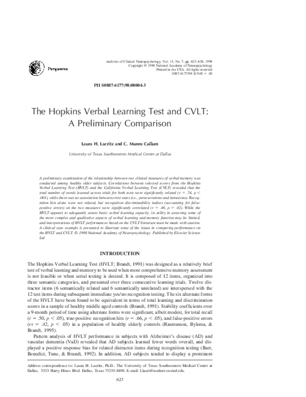 (PDF) The Hopkins Verbal Learning Test and CVLTA Preliminary Comparison