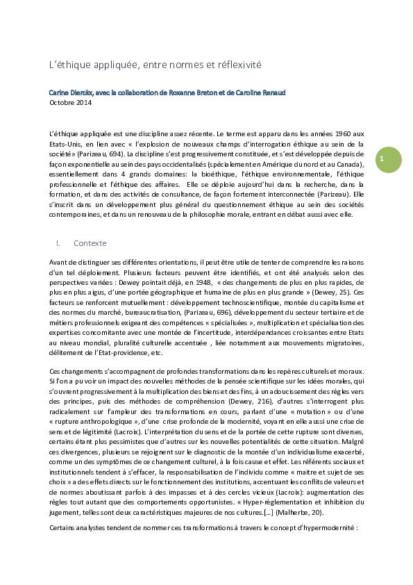 (PDF) L'éthique appliquée, entre normes et réflexivité