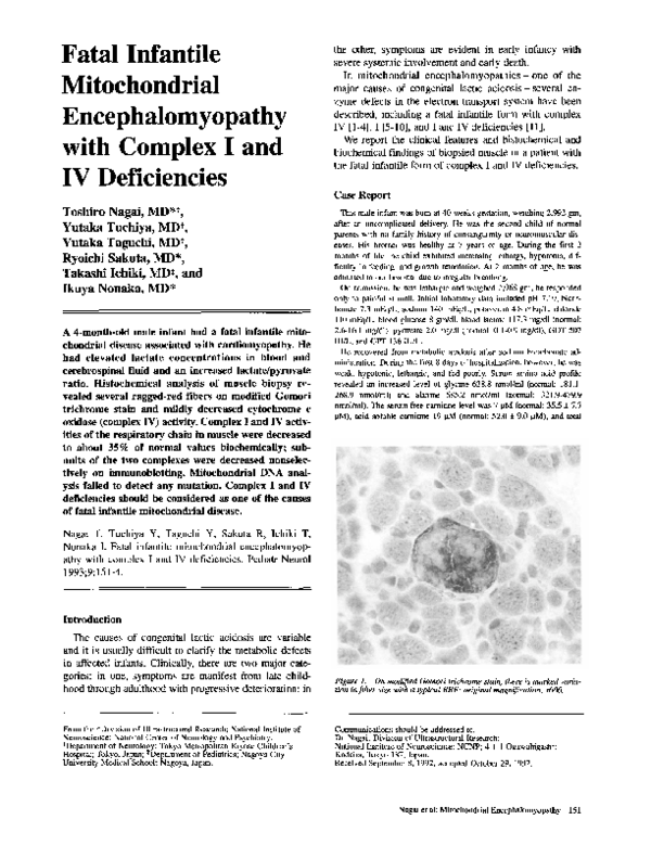 (PDF) Fatal infantile mitochondrial encephalomyopathy with complex I ...