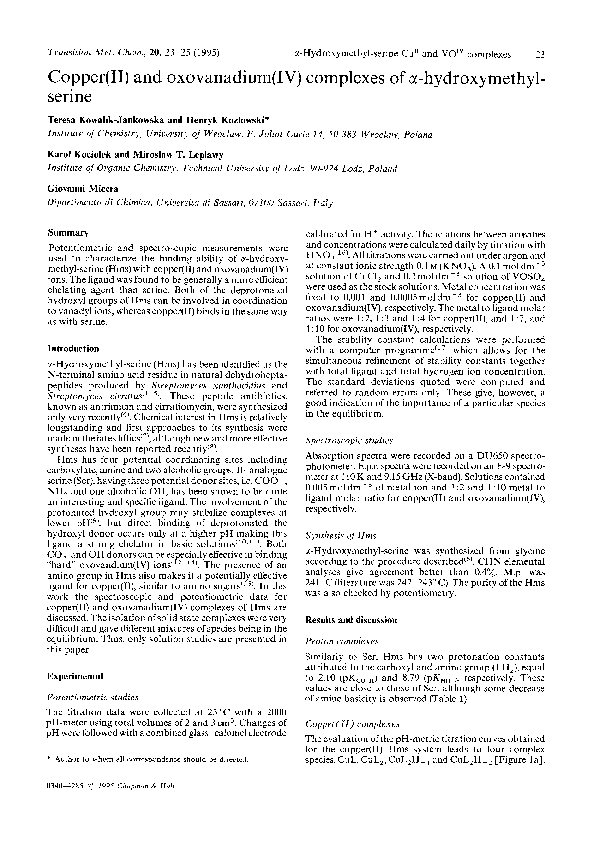 (PDF) Copper(II) and oxovanadium(IV) complexes of ?-hydroxymethylserine