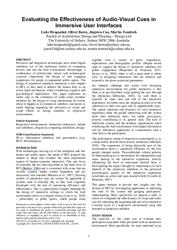 (PDF) Evaluating the effectiveness of audio-visual cues in immersive user interfaces