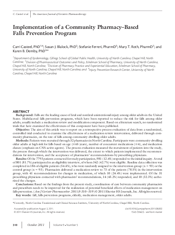(PDF) Implementation of a Community Pharmacy–Based Falls Prevention Program
