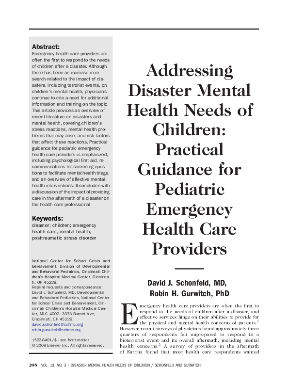 (PDF) Addressing Disaster Mental Health Needs of Children: Practical ...